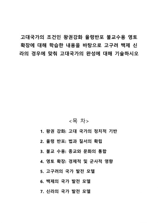 고대국가의 조건인 왕권강화 율령반포 불교수용 영토확장에 대해 학습한 내용을 바탕으로 고구려 백제 신라의 경우에 맞춰 고대국가의 완성에 대해 기술하시오