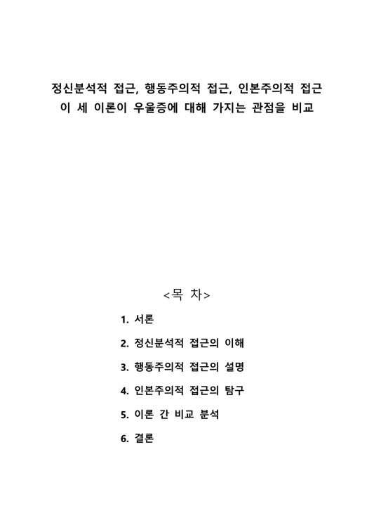 정신분석적 접근 행동주의적 접근 인본주의적 접근 이 세 이론이 우울증에 대해 가지는 관점을 비교