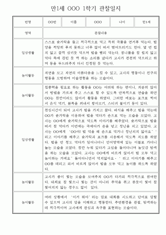 만1세반 1년 놀이일상 관찰일지