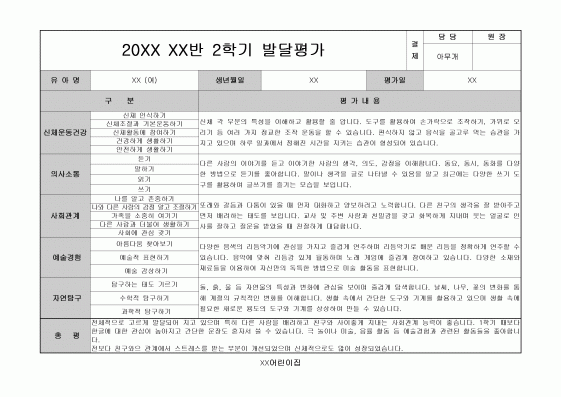 어린이집 유치원 만5세, 7세 2학기 생활기록부(종합발달평가-10명)