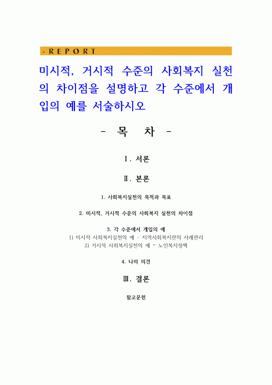 미시적, 거시적 수준의 사회복지 실천의 차이점을 설명하고 각 수준에서 개입의 예를 서술하시오