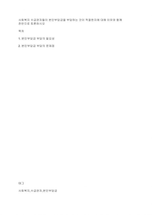 사회복지 수급권자들이 본인부담금을 부담하는 것이 적절한지에 대해 이유와 함께 찬반으로 토론하시오