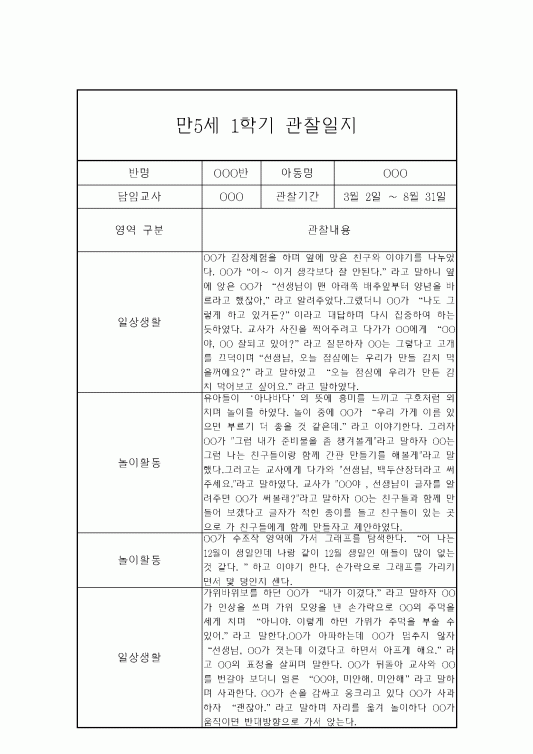 만5세 12명 1학기 3월~8월 관찰일지 (일상생활놀이활동 관찰 / 발달평가내용 첨부)