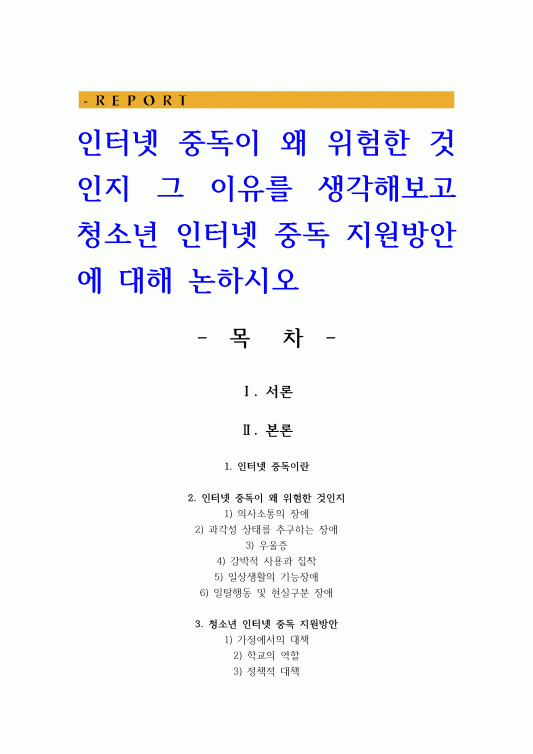 인터넷 중독이 왜 위험한 것인지 그 이유를 생각해보고 청소년 인터넷 중독 지원방안에 대해 논하시오