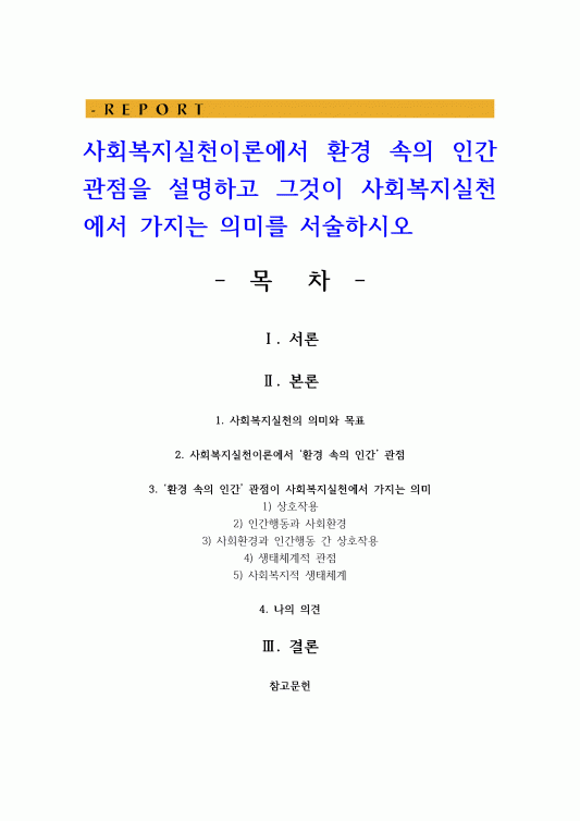 사회복지실천이론에서 환경 속의 인간 관점을 설명하고 그것이 사회복지실천에서 가지는 의미를 서술하시오