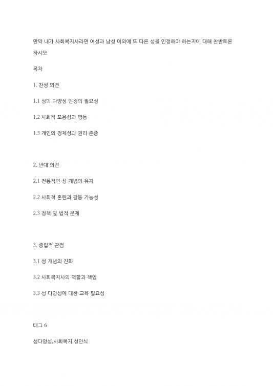 만약 내가 사회복지사라면 여성과 남성 이외에 또 다른 성을 인정해야 하는지에 대해 찬반토론 하시오