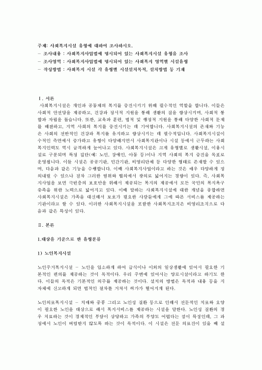 사회복지학주제: 사회복지시설 유형에 대하여 조사하시오.(조사내용,조사영역,작성방법)