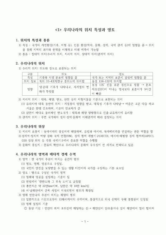 고등학교 한국지리 핵심요약 정리 및 서브노트