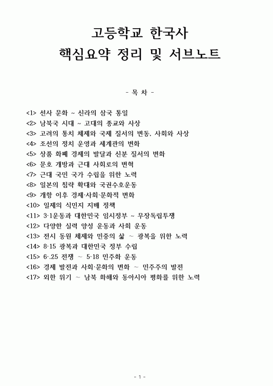 고등학교 한국사 핵심요약 정리 및 서브노트