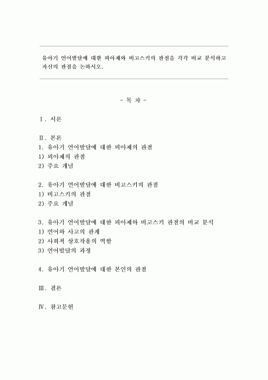 유아기 언어발달에 대한 피아제와 비고스키의 관점을 각각 비교 분석하고 자신의 관점을 논하시오.