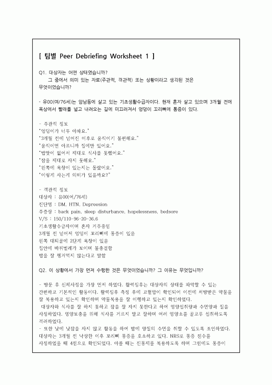 성인간호 시뮬레이션 통합 실습 Peer Debriefing 성찰일지 Worksheet 레포트
