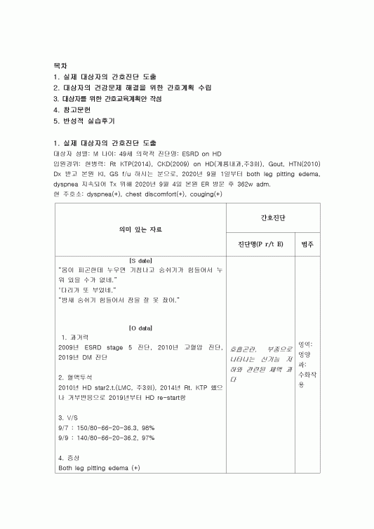 성인간호학 실습 신부전 체액과다 간호진단 교육 계획안 실습후기 케이스 스터디