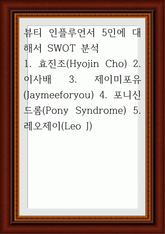뷰티 인플루언서 SWOT 분석 ) 1. 효진조 2. 이사배 3. 제이미포유 4. 포니신드롬 5. 레오제이