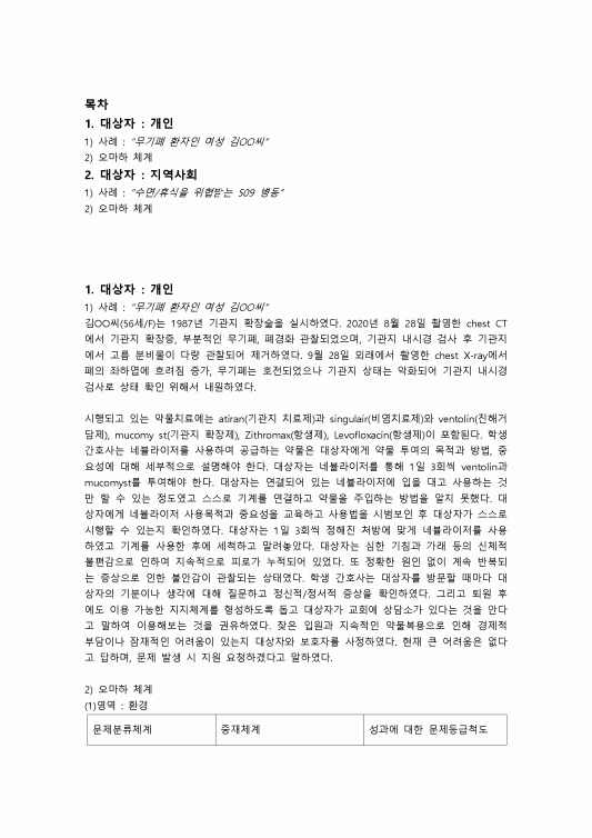 지역사회 간호 실습 호흡기 병동 무기폐 오마하 체계 적용 진단