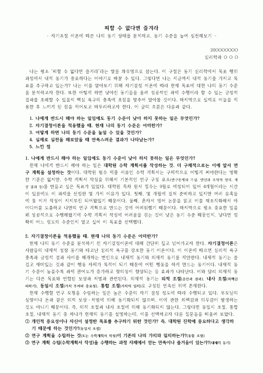 [동기심리학 레포트]자기조절이론에 따른 나의 동기 상태 분석과 실천계획