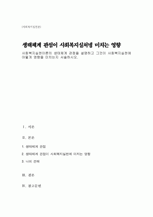 사회복지실천이론의 생태체계 관점을 설명하고 그것이 사회복지실천에 어떻게 영향을 미치는지 서술하시오