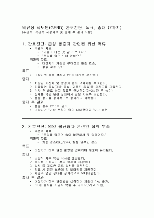 역류성식도염(GERD) 간호진단 및 목표, 중재 7가지( 주관적, 객관적 사정자료 포함하고 중재 후 결과)