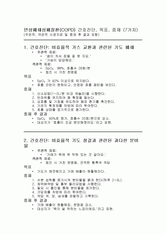 만성폐쇄성폐질환(COPD) 간호진단 및 목표, 중재 7가지( 주관적, 객관적 사정자료 포함하고 중재 후 결과)