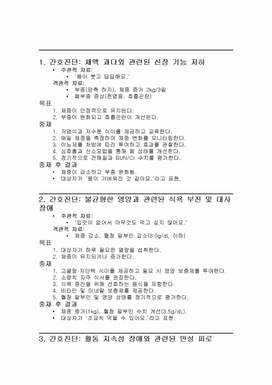 만성신부전(Chronic renal failure)간호진단 및 목표, 중재 6가지( 주관적, 객관적 사정자료 포함하고 중재 후 결과)