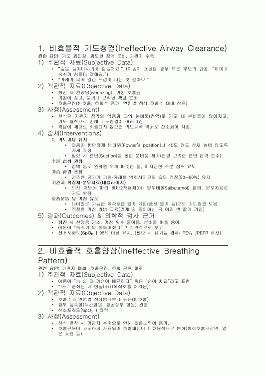 아동간호학 천식 (Asthma) 간호진단 , 사정, 중재 7개