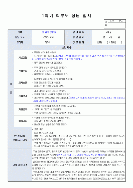 만1세 1학기 부모상담일지 6명 분량.(2학기와 연계)