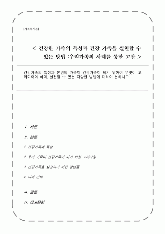 건강가족의 특성과 본인의 가족이 건강가족이 되기 위하여 무엇이 고려되어야 하며 실천할 수 있는 다양한 방법에 대하여 논하시오