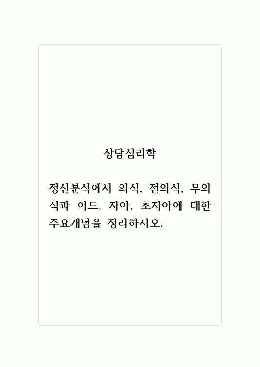 상담심리학_정신분석에서 의식, 전의식, 무의식과 이드, 자아, 초자아에 대한 주요개념을 정리하시오
