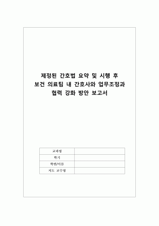 제정된 간호법 요약 및 시행 후 보건 의료팀 내 간호사와 업무조정과 협력 강화 방안 보고서
