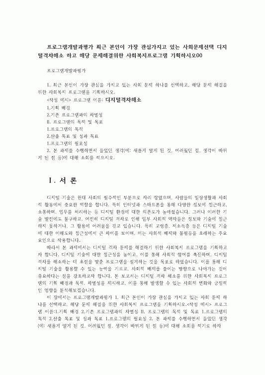 프로그램개발과평가 최근 본인이 가장 관심가지고 있는 사회문제선택 디지털격차해소 하고 해당 문제해결위한 사회복지프로그램 기획하시오00
