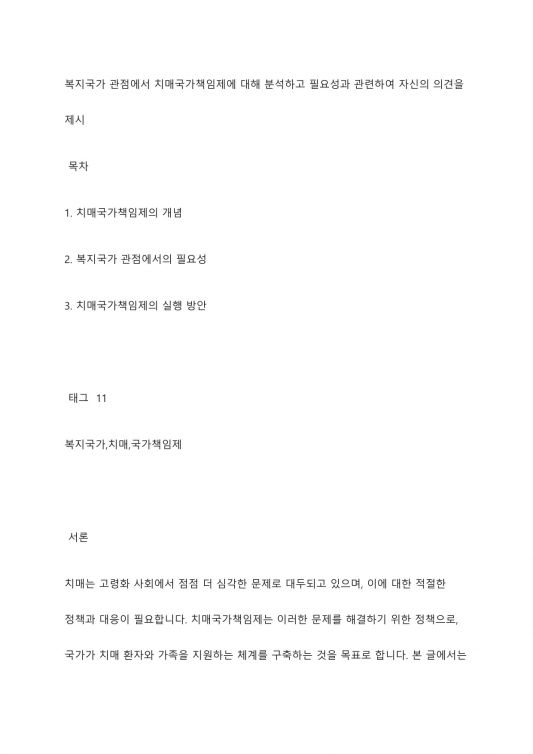 복지국가 관점에서 치매국가책임제에 대해 분석하고 필요성과 관련하여 자신의 의견을 제시