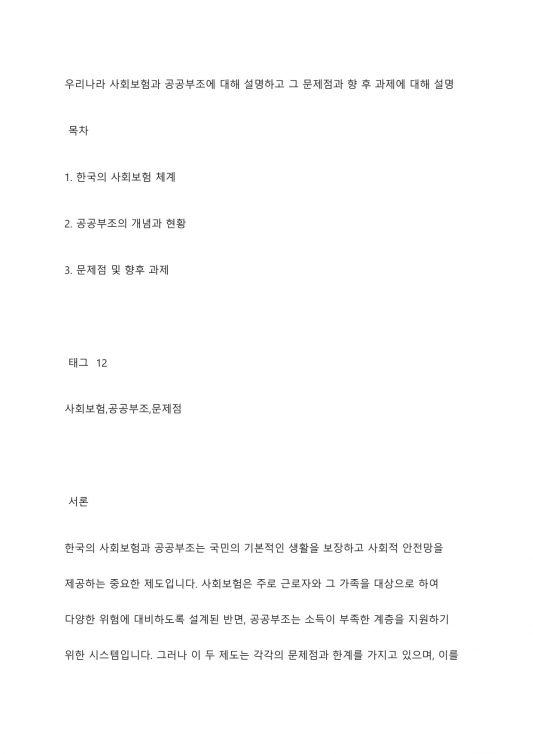 우리나라 사회보험과 공공부조에 대해 설명하고 그 문제점과 향 후 과제에 대해 설명