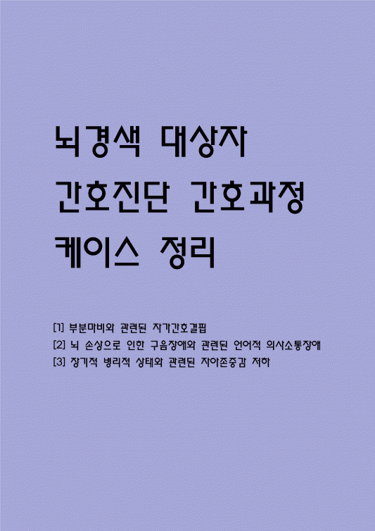 (뇌경색 케이스) 뇌경색 대상자 간호진단 간호과정 케이스 정리 - 자가간호결핍,언어적 의사소통장애,자아존중감 저하