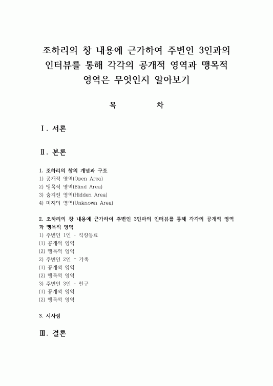 조하리의 창 내용에 근가하여 주변인 3인과의 인터뷰를 통해 각각의 공개적 영역과 맹목적 영역은 무엇인지 알아보기