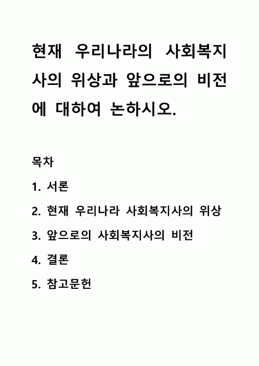 현재 우리나라의 사회복지사의 위상과 앞으로의 비전에 대하여 논하시오.