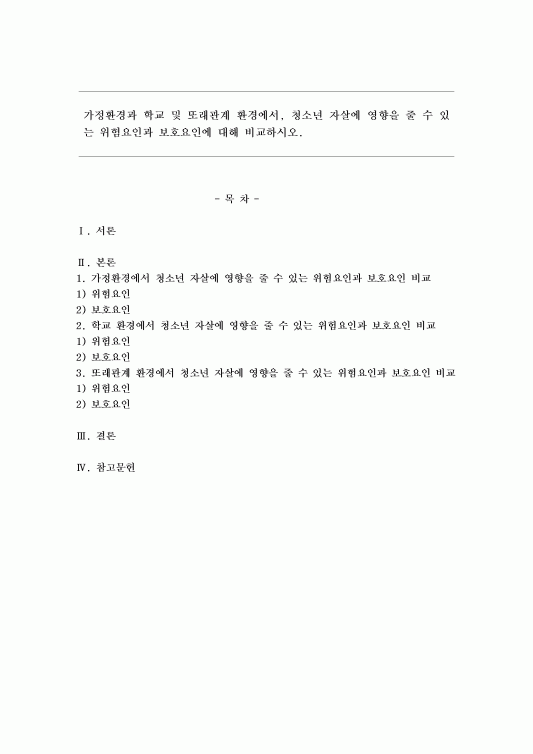 가정환경과 학교 및 또래관계 환경에서, 청소년 자살에 영향을 줄 수 있는 위험요인과 보호요인에 대해 비교하시오.