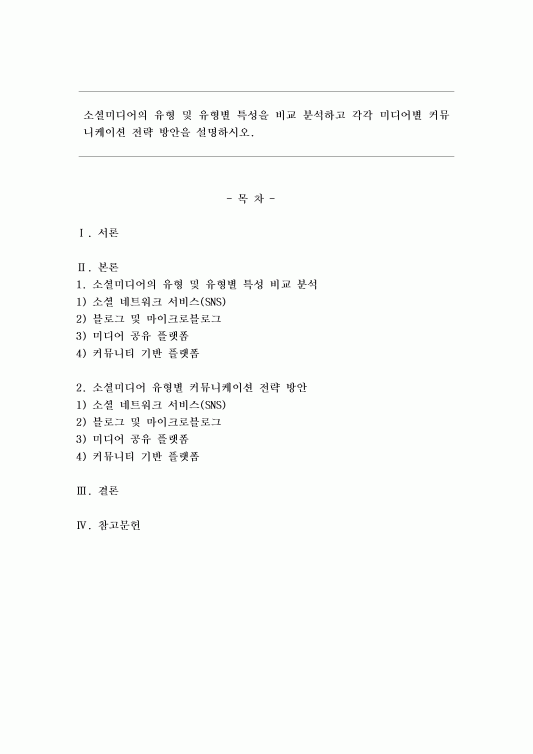 소셜미디어의 유형 및 유형별 특성을 비교 분석하고 각각 미디어별 커뮤니케이션 전략 방안을 설명하시오.