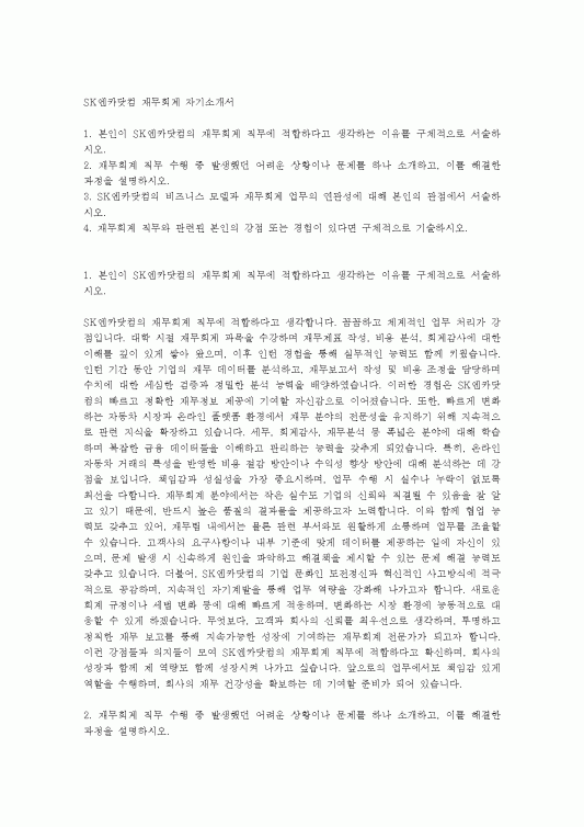 SK엔카닷컴 재무회계 자기소개서