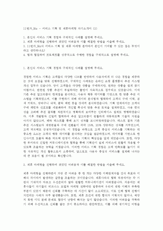 11번가_Biz - 서비스 기획 및 제휴마케팅 자기소개서 (2)