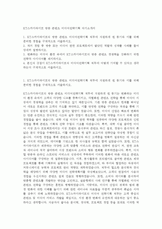 KT스카이라이프 방송 콘텐츠 미디어전략기획 자기소개서