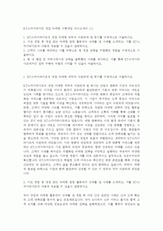 KT스카이라이프 영업 마케팅 기획영업 자기소개서 (1)