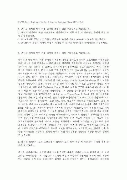 29CM Data Engineer Senior Software 자기소개서