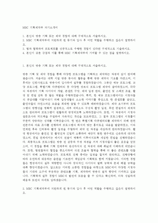MBC 기획제작부 자기소개서