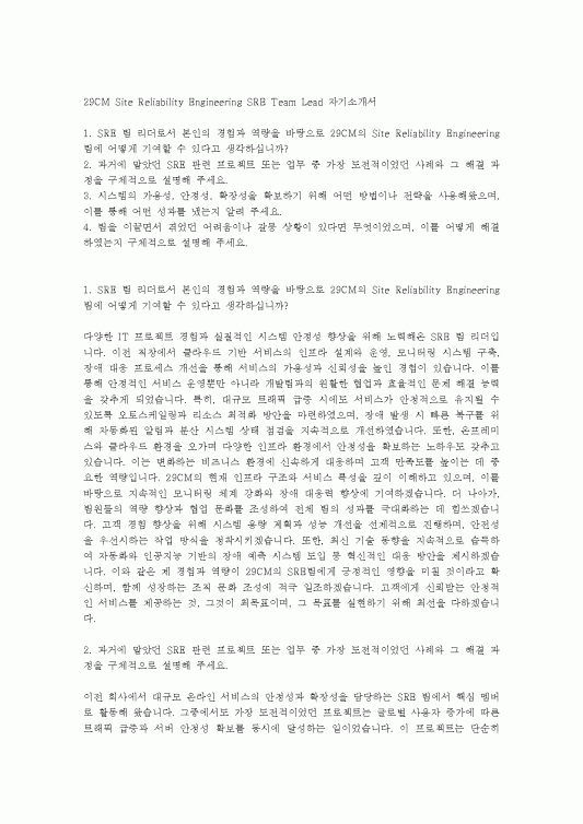 29CM Site Reliability Engineering SRE Team Lead 자기소개서