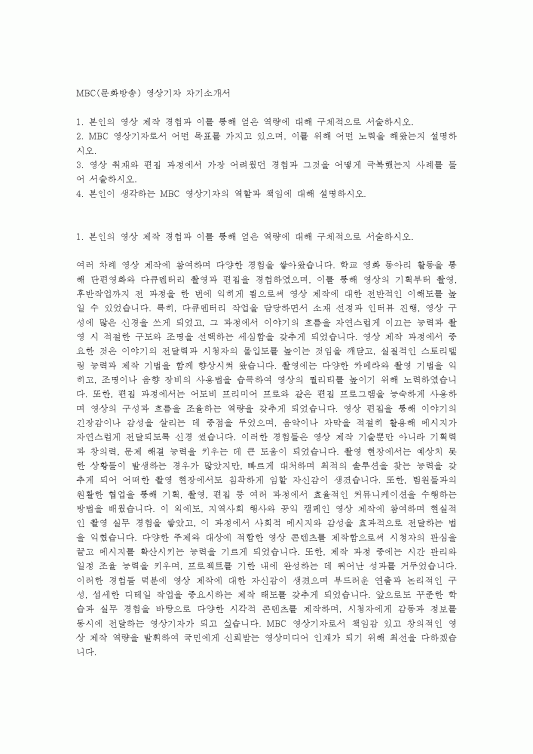 MBC(문화방송) 영상기자 자기소개서
