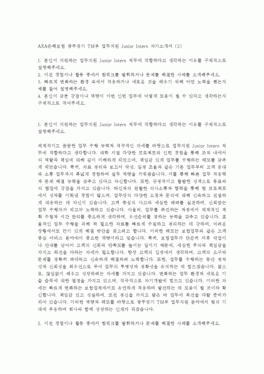 AXA손해보험 광주장기 TM부 업무지원 Junior Intern 자기소개서 (2)