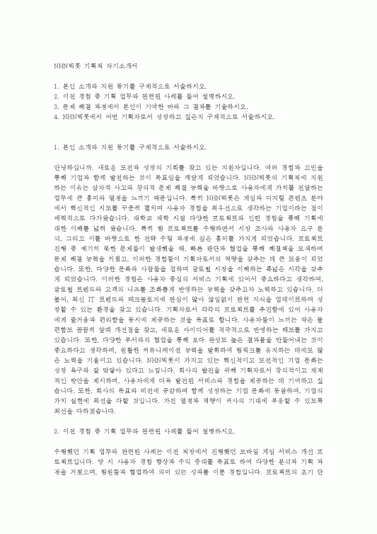 NHN빅풋 기획직 자기소개서