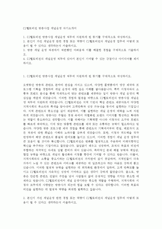 CJ헬로비전 방송사업 채널운영 자기소개서