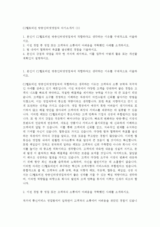 CJ헬로비전 방송인터넷영업직 자기소개서 (3)