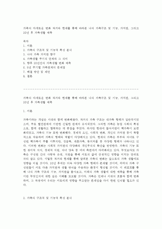 가족의 다채로운 변화 과거와 현재를 통해 바라본 나의 가족구조 및 기능, 가치관, 그리고 20년 후 가족생활 예측