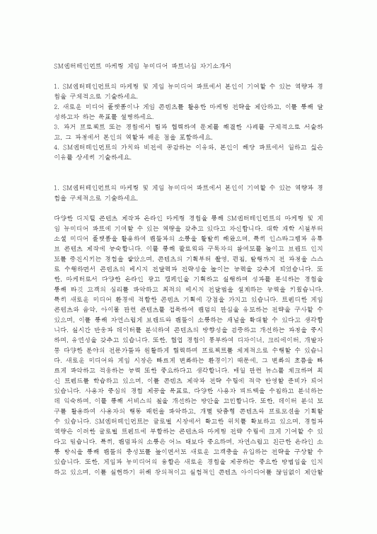 SM엔터테인먼트 마케팅 게임 뉴미디어 파트너십 자기소개서